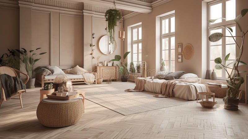 Boho Living Room Interior with Light and Bright Atmosphere Stock ...