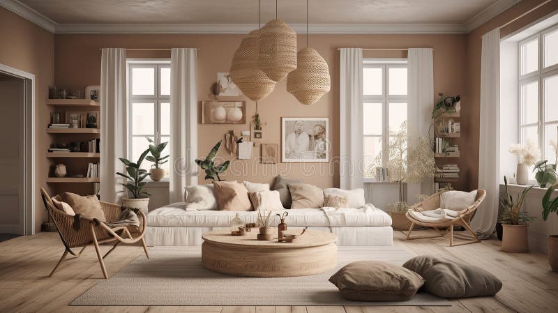 Boho Living Room Interior with Light and Bright Atmosphere Stock ...