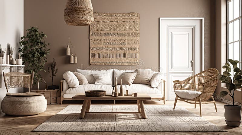 Boho Living Room Interior with Light and Bright Atmosphere Stock ...