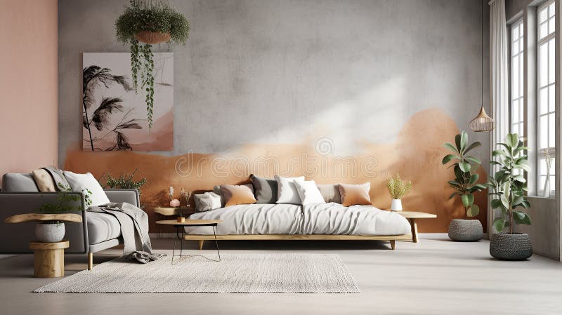 Boho Living Room Interior with Light and Bright Atmosphere Stock ...