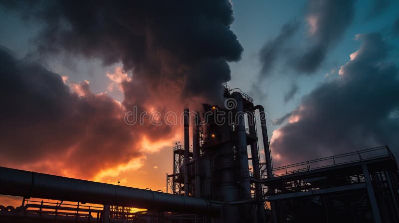 Oil Refinery Industry at Sunset Stock Illustration - Illustration of ...