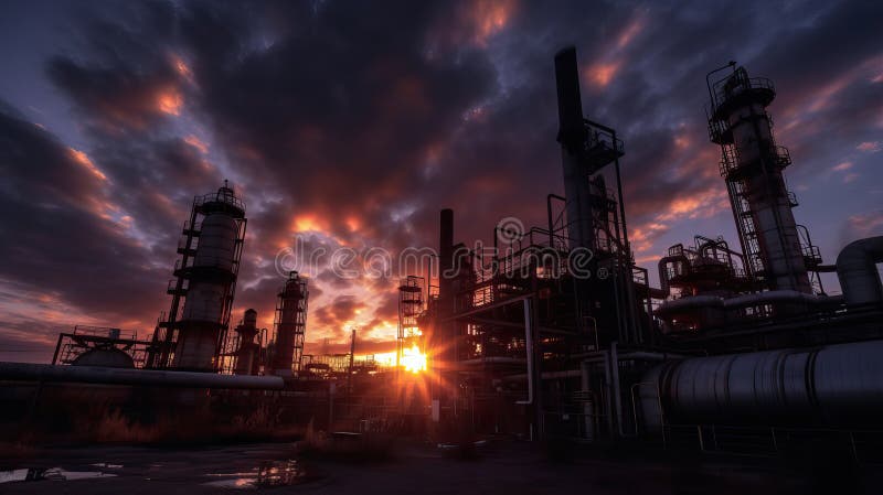 Oil Refinery Industry at Sunset Stock Illustration - Illustration of ...