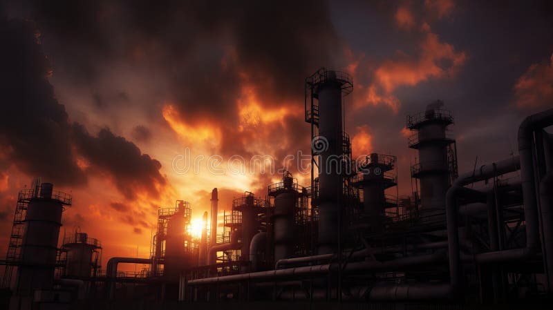 Oil Refinery Industry at Sunset Stock Illustration - Illustration of ...