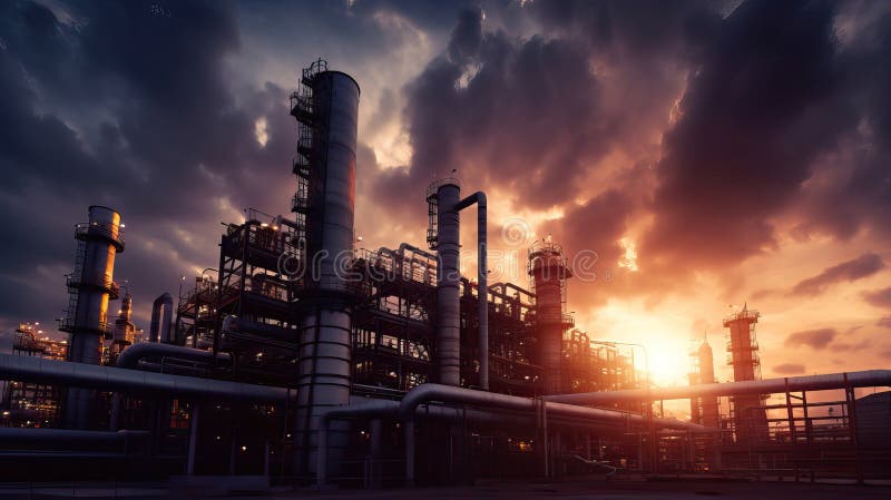 Oil Refinery Industry at Sunset Stock Illustration - Illustration of ...