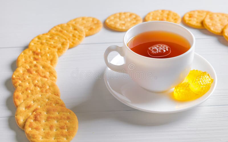 High Resolution Photo: Tea Cup with Crackers and Some Marmelade Stock ...