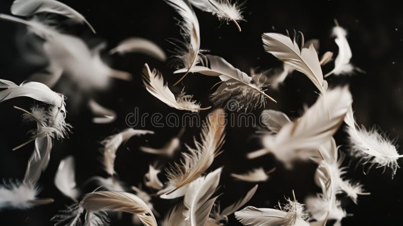 Graceful White Feathers Floating Gently Against a Dark Backdrop, a ...