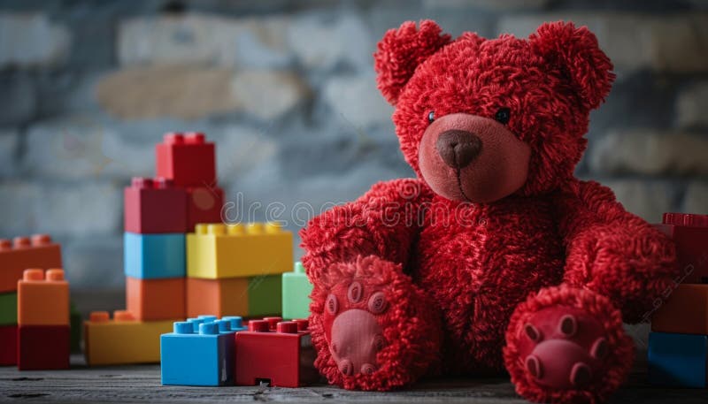 A Red Teddy Bear with a Stack of Building Blocks Stock Illustration ...