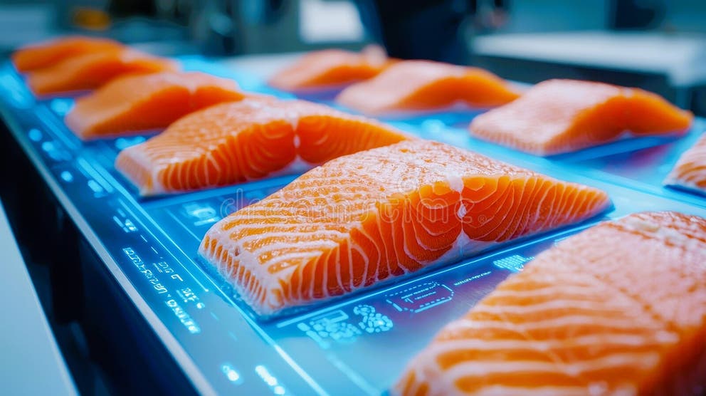 Fresh Salmon Fillets on High Tech Conveyor Belt Food Tech AI Seafood ...