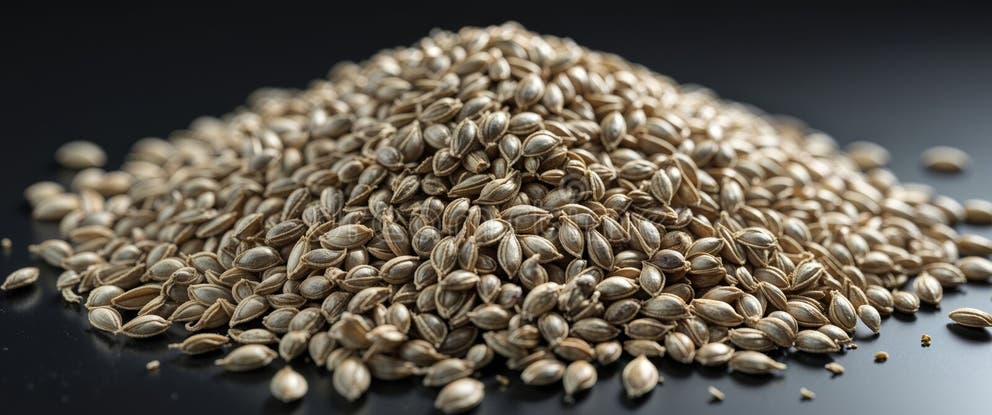 High Resolution Pile of Hemp Seeds on Smooth Black Surface Highlighting ...