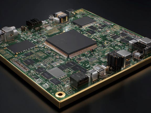 High-resolution Rendering of a Gold-edged, Green Square PCB with ...