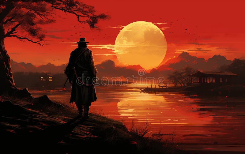 High-Resolution Samurai Sunset Wallpaper. Generative AI Stock Photo ...
