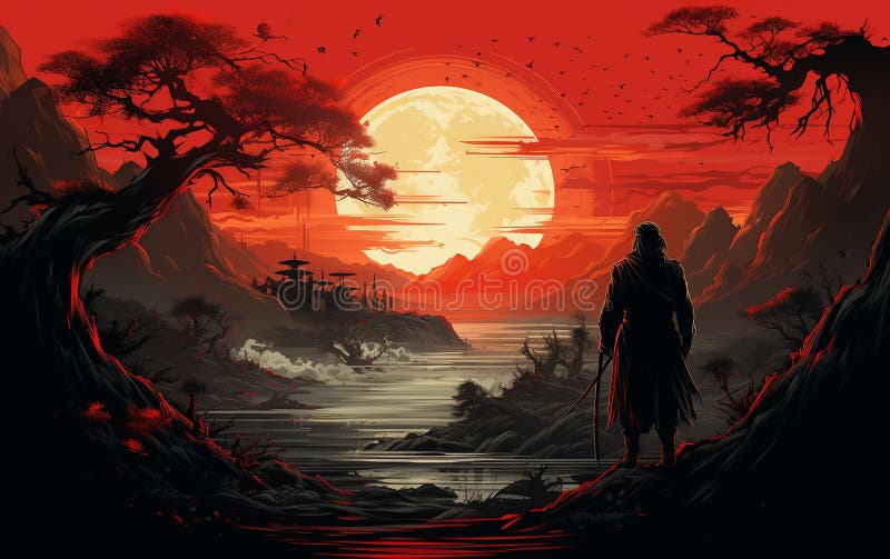 High-Resolution Samurai Sunset Wallpaper. Generative AI Stock Photo ...