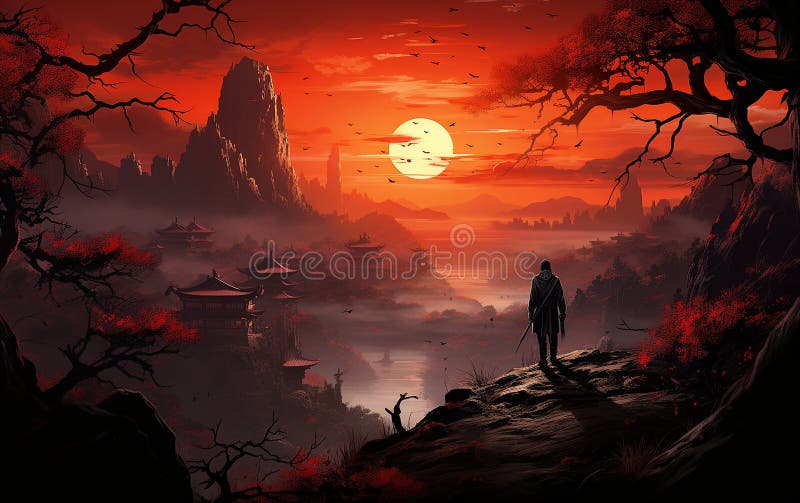 High-Resolution Samurai Sunset Wallpaper. Generative AI Stock Photo ...