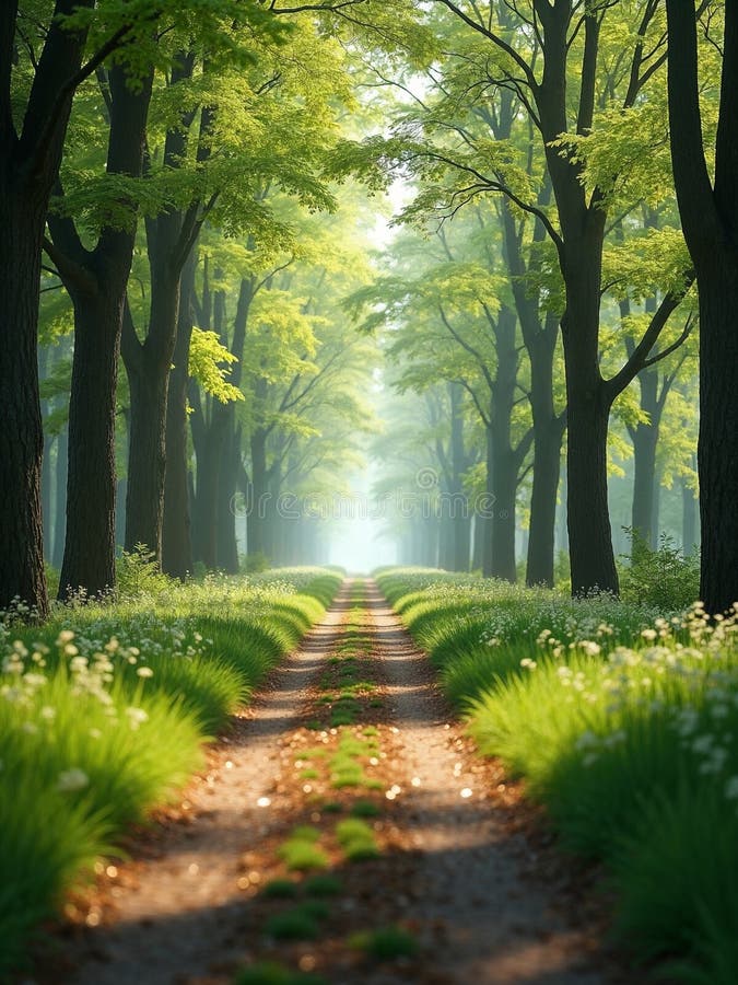 Spring Forest Path with Sunlight and Mist Stock Illustration ...