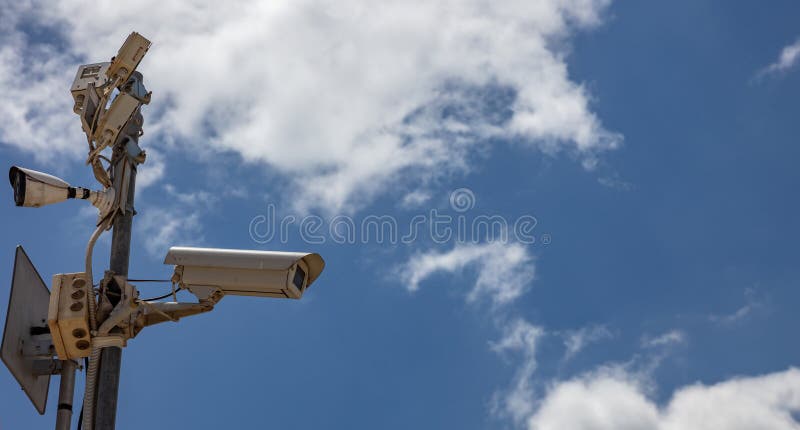 High Resolution Security Cameras, Blue Sky Background, Copy Space Stock ...