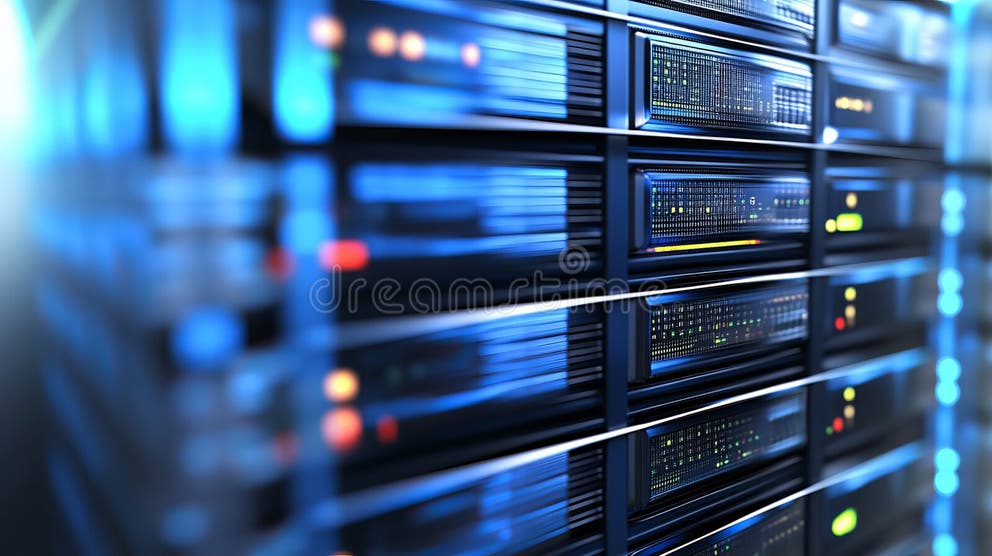 High-Resolution Server Rack with Illuminated Network Equipment in a ...