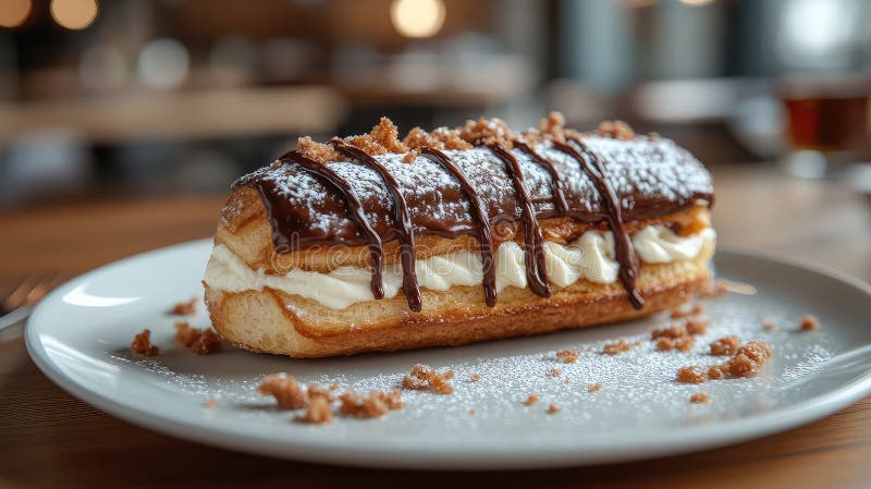 High Resolution Side View Chocolate Cream Eclair White Plate Placed ...