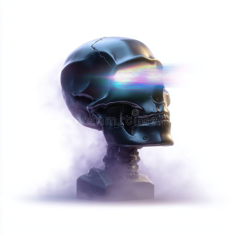 Glitched Robot Head with Cracked Titanium Texture on White Background ...