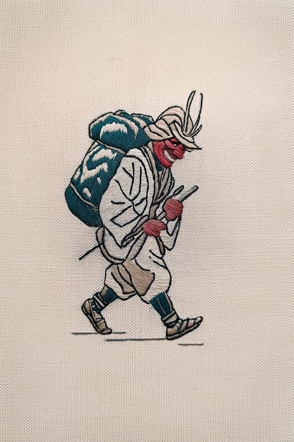 Minimalist Embroidery of Samurai with Acid-Face Grin and Backpack Stock ...