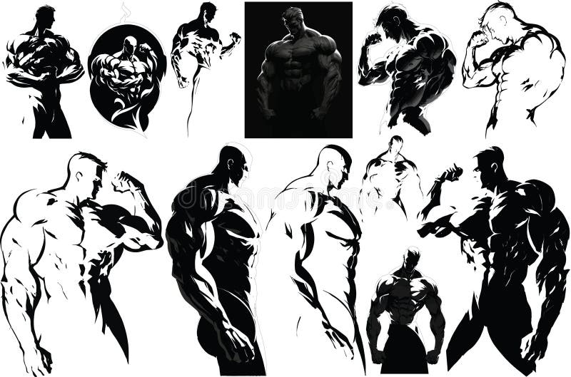 Bodybuilder Posing Silhouettes Strength and Physique Vector Collection ...