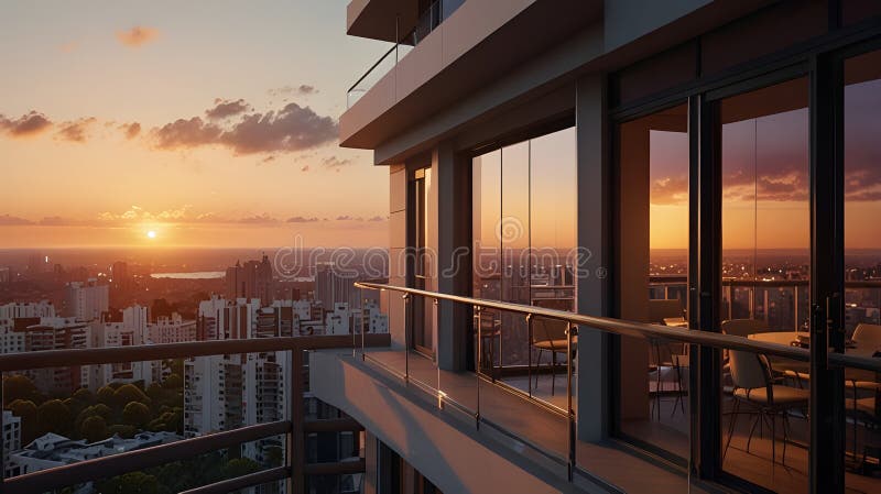 A High-rise Balcony with Soft Sunset Reflections on Its Glass Windows ...