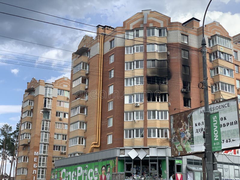 The High-rise Building Burned Down from an Artillery Shell. Exploded ...