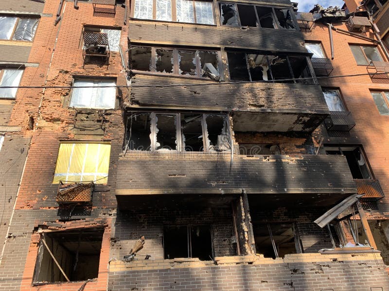 The High-rise Building Burned Down from an Artillery Shell. Exploded ...