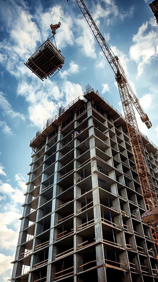 High-rise Building Construction Site with Cranes Lifting Materials ...