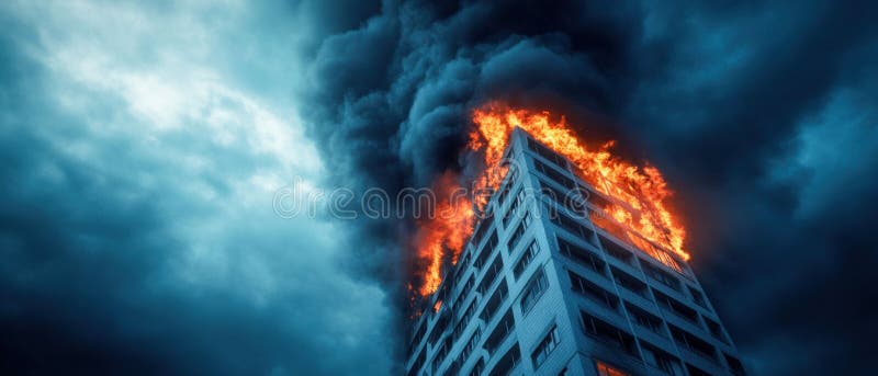 High-Rise Building Engulfed in Flames and Thick Smoke during a Fire ...