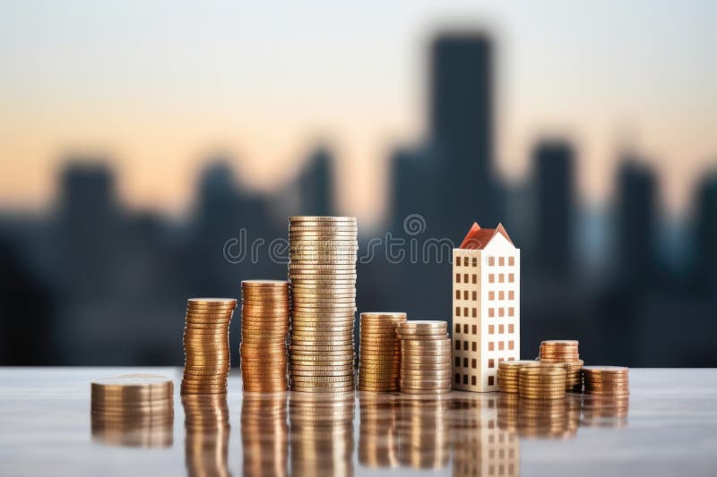 High-rise Building Model with Stacks of Coins Near Stock Image - Image ...