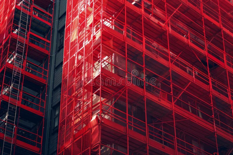 A High-rise Building is Surrounded by Bright Red Scaffolding ...