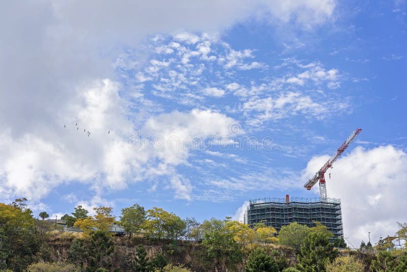 A High Rise Building Under Construction with Crane and Flock of Birds ...