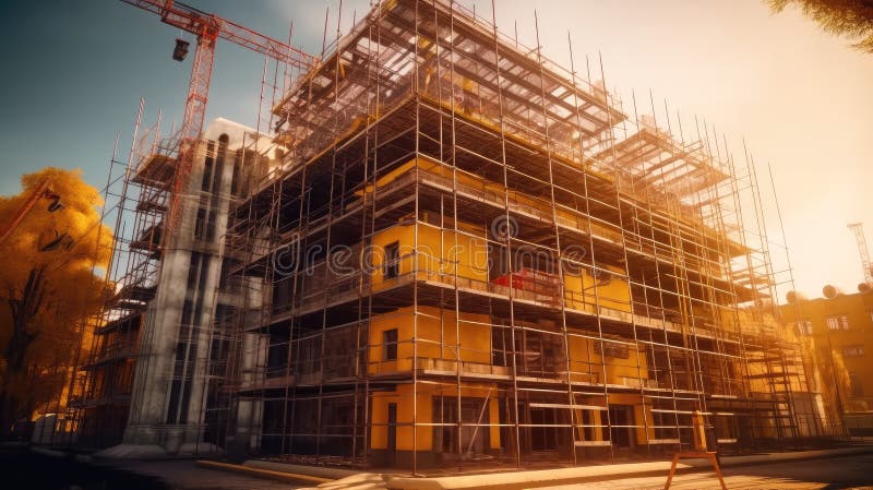 High Rise Building Under Construction with Scaffolding and a Crane ...