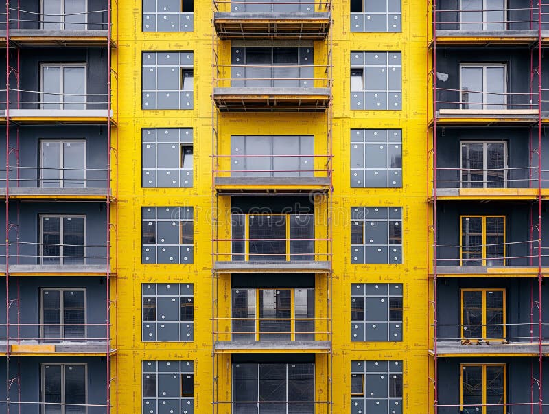 High-rise Building Under Construction with Yellow and Gray Facade Stock ...