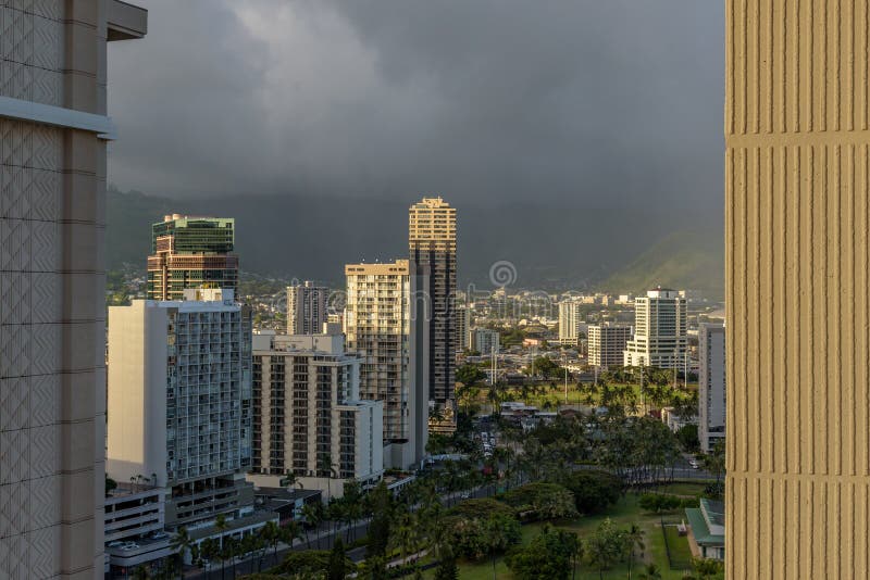 The Buildings of Honolulu, Hawaii, Lit Up at Night Stock Photo - Image ...