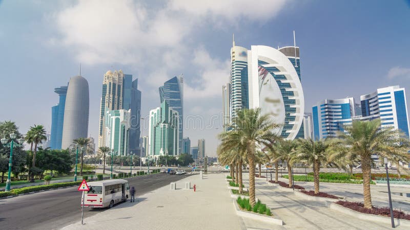 The High-rise District of Doha with Traffic on Intersection Timelapse ...