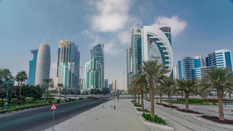 The High-rise District of Doha with Traffic on Intersection Timelapse ...