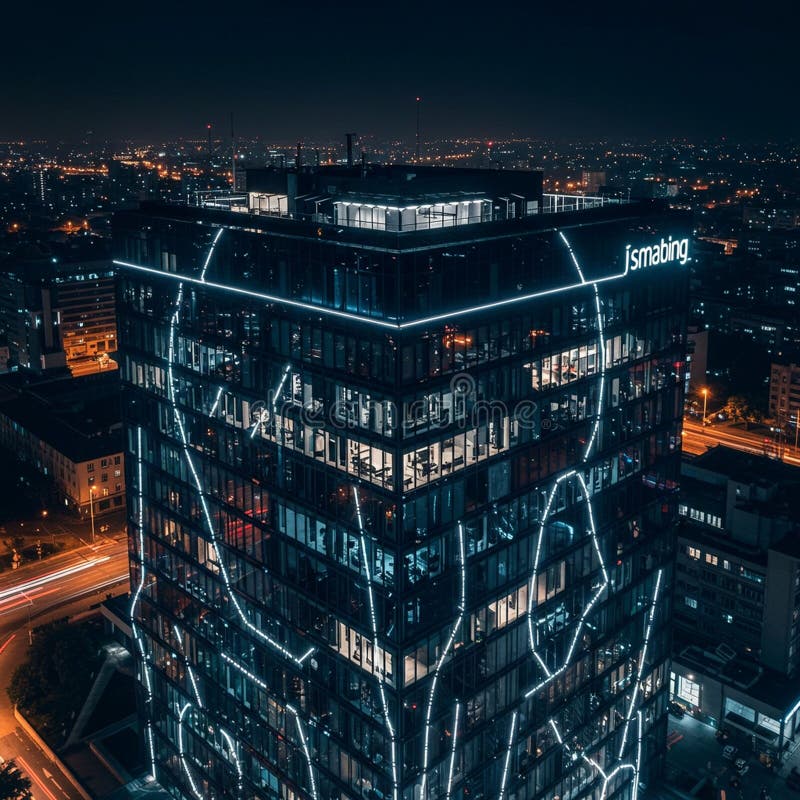 A High-rise, Glass-facade Office Building Illuminated at Night with ...