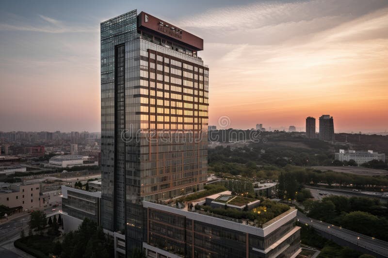 High-rise Hotel, with View of the City Skyline, and Sunset in the ...