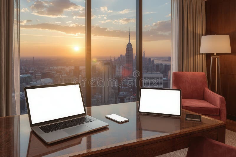 High-rise Office Overlooking City Skyline at Sunset, Equipped with ...