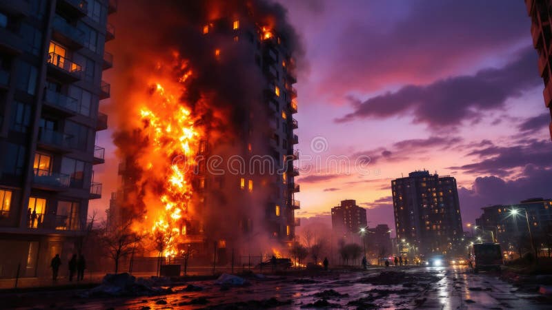 High-rise Residential Building Fire at Sunset with Firefighters and ...