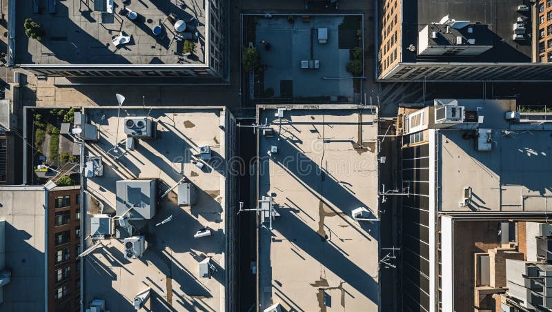 High-rise Rooftops Seen from Above with Antennas Casting Shadows on ...
