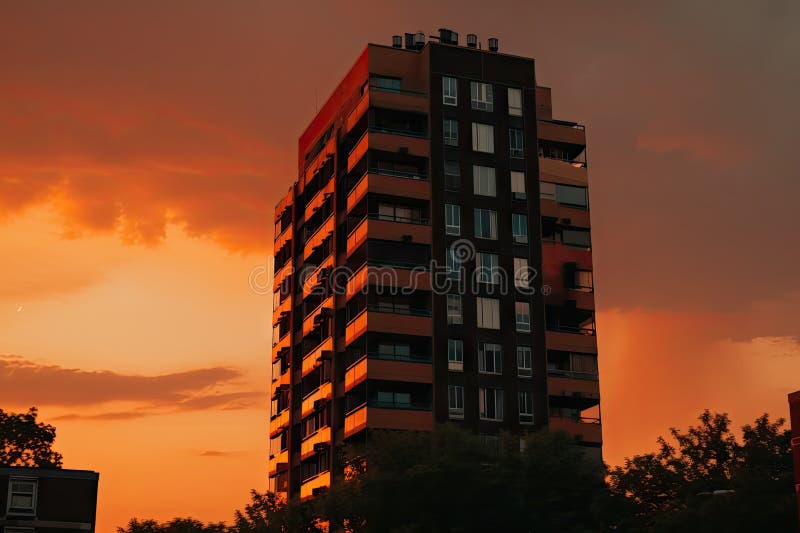 High-rise at Sunset, with the Sky Turning a Shades of Orange and Red ...