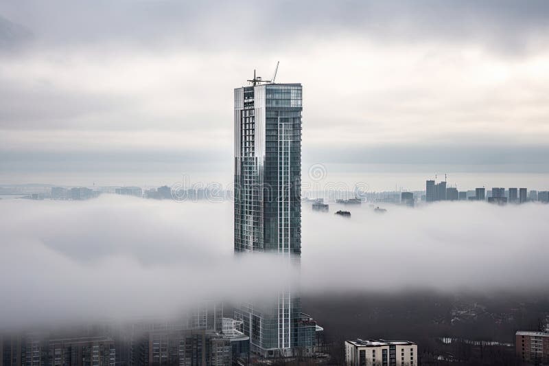 High-rise Tower, with View of the City Skyline, Surrounded by Clouds ...