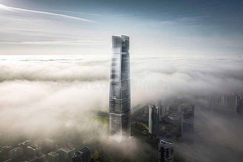High-rise Tower, with View of the City Skyline, Surrounded by Clouds ...