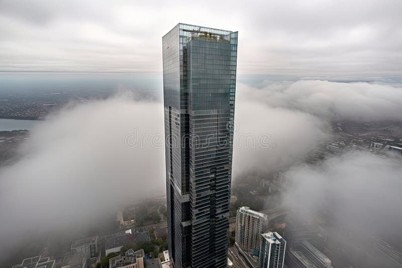 High-rise Tower, with View of the City Skyline, Surrounded by Clouds ...