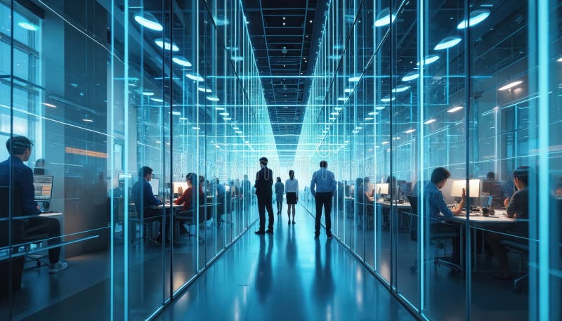 High-rise Transparent Office Shows People, AI Work in Departments. AI ...