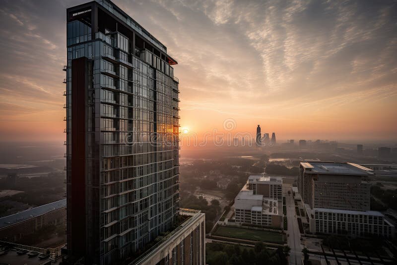 High-rise with View of the City Skyline and the Sunset in the ...