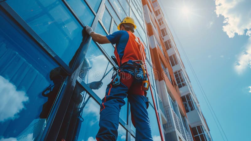 High-rise Window Cleaner at Work Against Blue Sky Stock Image - Image ...