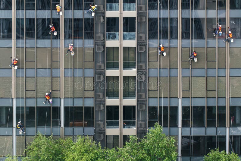High-rise Window Washers with Scaffold System Stock Image - Image of ...